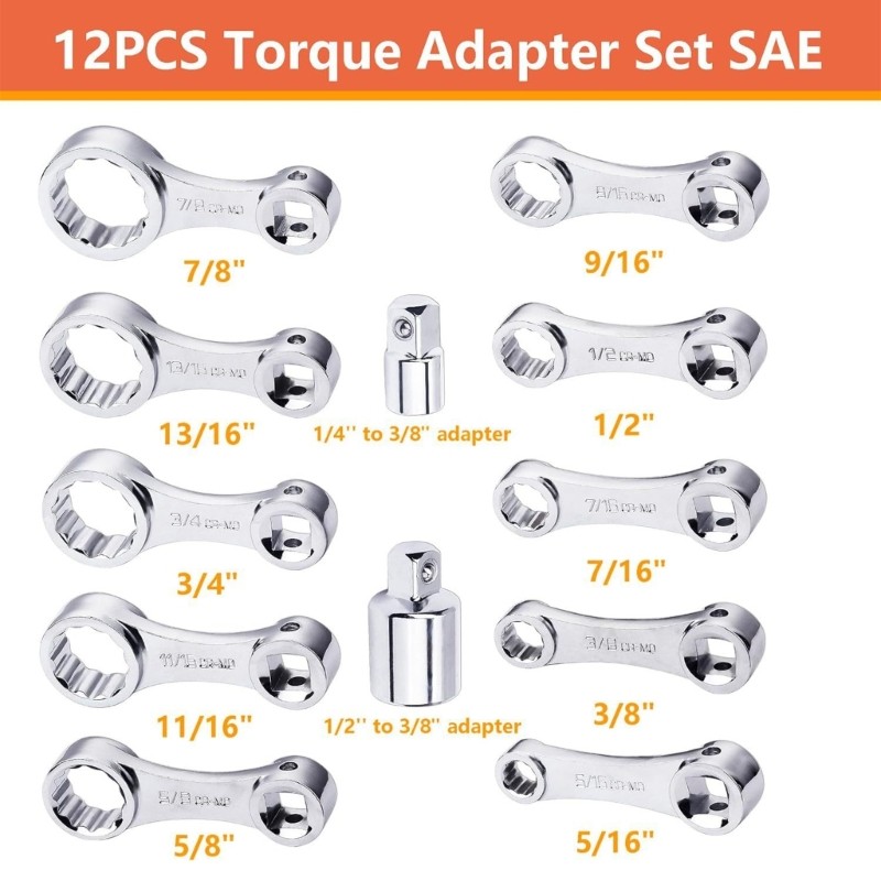 12Piece SAE 12-Point Box End Torque Adapter Extension Set,3/8" Torque ...