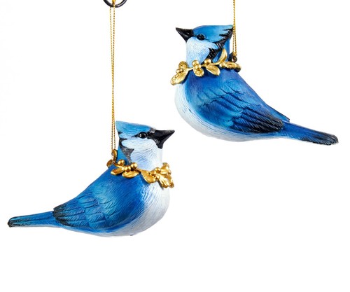 2 Beautiful Blue Jay Bird Christmas Ornaments, gold leaf wreath, resin ...