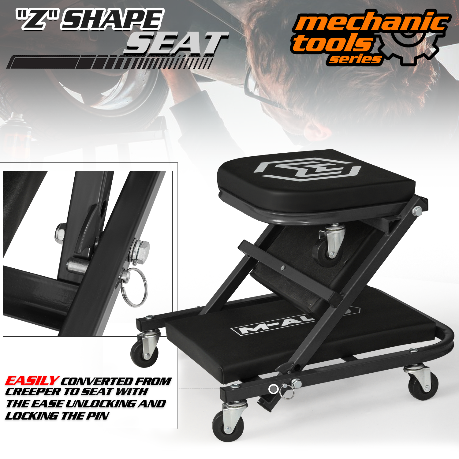 36" Black Folding Creeper Mechanic Work Upholstered Seat Automotive ...