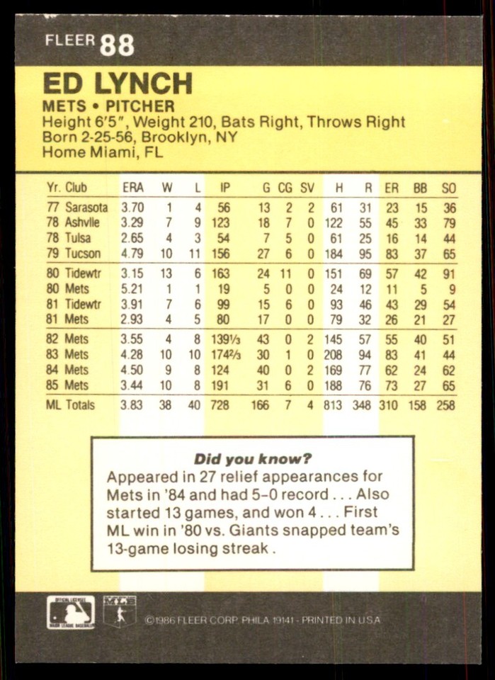 1986 Fleer Baseball Ed Lynch . New York Mets #88 | eBay