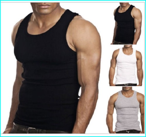 MENS 100% COTTON FITTED FINE RIBBED VESTS SLEEVELESS GYM TRAINING ...