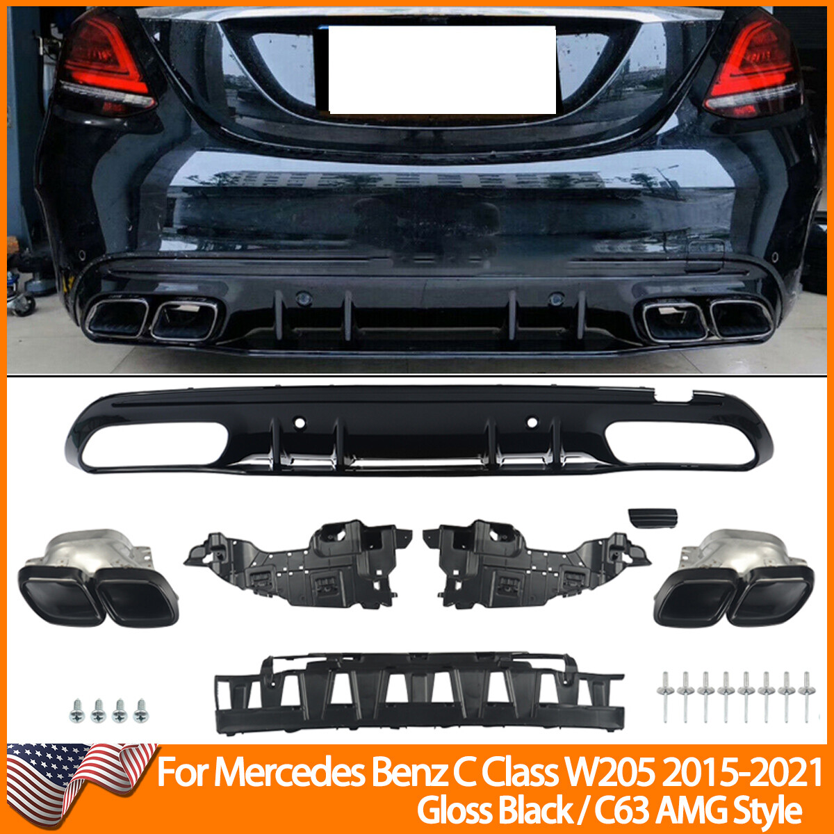 For 2015-21 Mercedes-Benz W205 Rear Bumper C63 Style Rear Diffuser ...