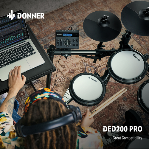 🥁 Donner DED-200 Electric Drum Set w/ Quiet Mesh Pad Dual Zone Snare ...