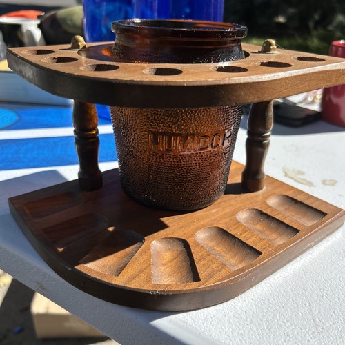 Vintage Dun Rite Wood Tobacco 6-Pipe Stand Rack with Glass Humidor Jar ...