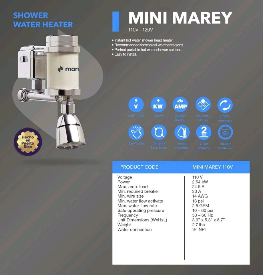 NEW MAREY HOME COMPACT TANKLESS SHOWER WATER HEATER MINI MAREY 110V 2 ...
