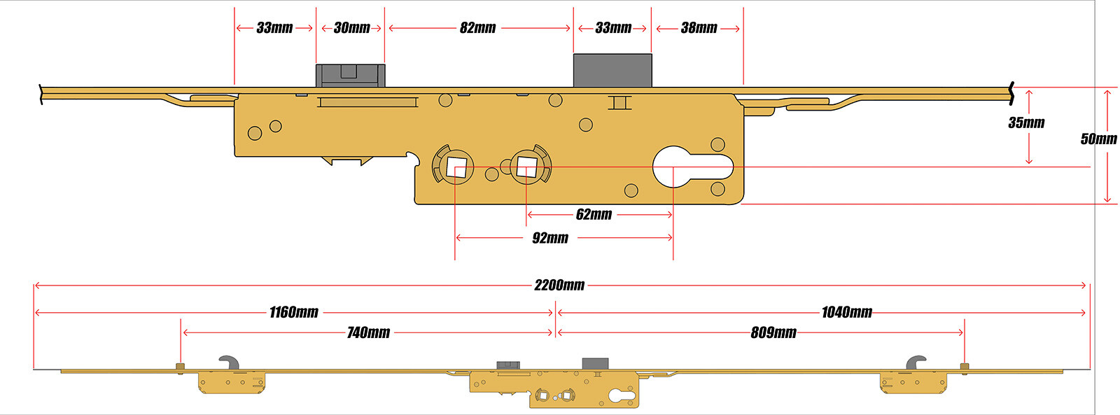 Avocet 2 Hook 2 Roller Multipoint Door Lock Mechanism 35mm Gold ...