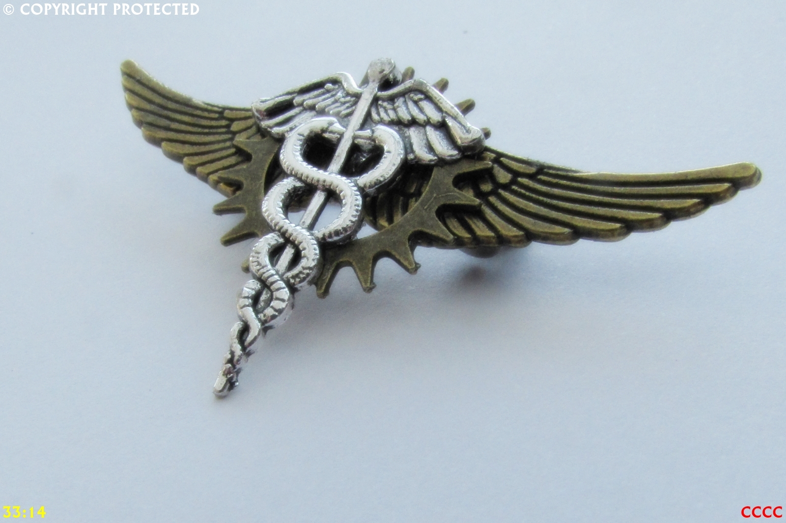 steampunk goth brooch badge cog flying wings caduceus Rod of Hermes ...