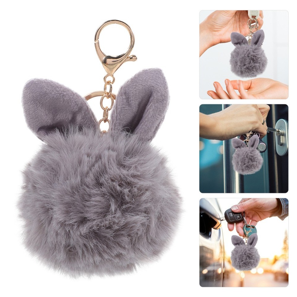 Pom Pom Fur Ball Keychain Rabbit Ear Keyring Bag Charm Decoration (Gray ...