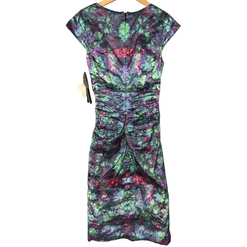 Nicole Miller VTG Ruched Bodycon Dress Women's 2 Floral Metallic Cap ...