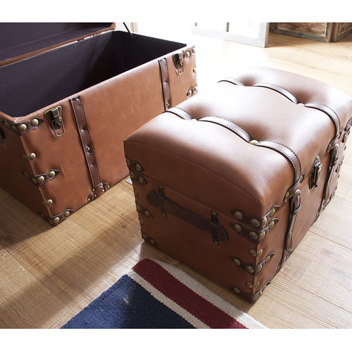 Leather Ottoman Trunk Storage Stool Set of 2 Accent IW-276 Azumaya F ...
