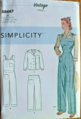 SIMPLICITY PATTERN 8447 OVERALLS RIVETIER 40S MISSES SIZES 16 18 20 22 ...
