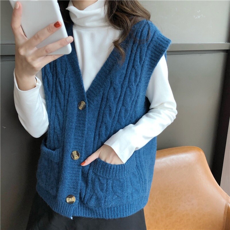 Women V-neck Jacquard Knitted Cardigan Pocket Gilet Tank Retro Student ...