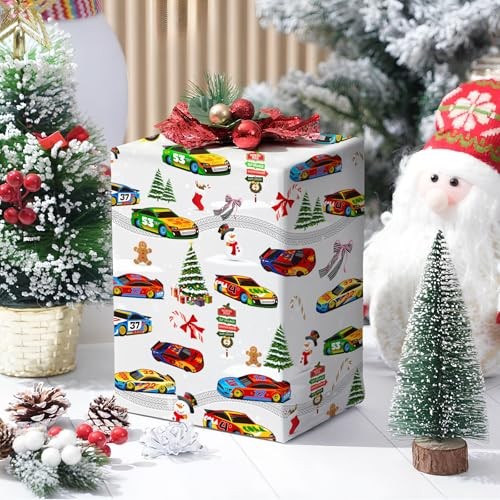 Race Car Christmas Wrapping Paper - Xmas Gift Wrap with Holiday Race ...