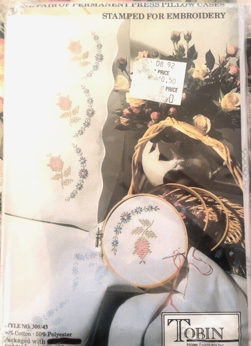 Vintage Tobin Embroidery Kit Stamped Pillow Cases Rosebud Permanent ...