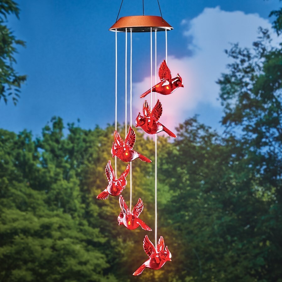 Solar LED Sparkling Red Cardinals Wind Chime Hanging Outdoor Garden ...
