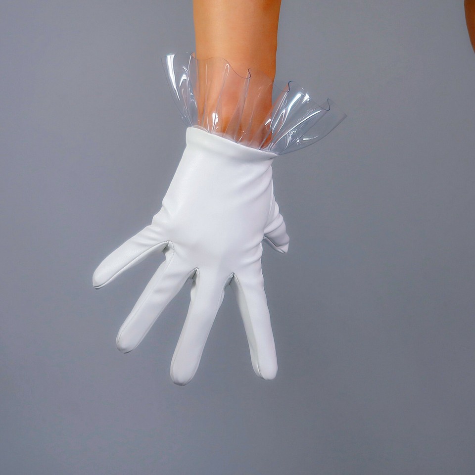 CLEAR GLOVES PVC Ruffle Trim TECH Faux Leather Black Short Plastic ...