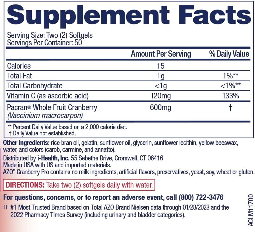 AZO Cranberry Pro, Cranberry Pills for Women & Men, 600mg Pacran, Made ...