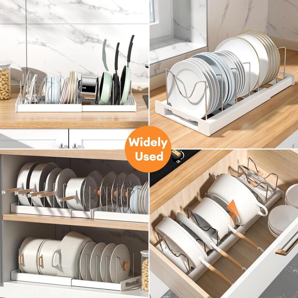 Expandable Pot and Pan Organizer Rack for Cabinet, Pot Lid Organizer ...