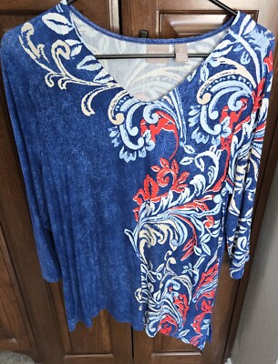 EUC - CHICO'S Asymmetrical TOP - Size 2 - RAYON/SPANDEX - Blue/Red ...