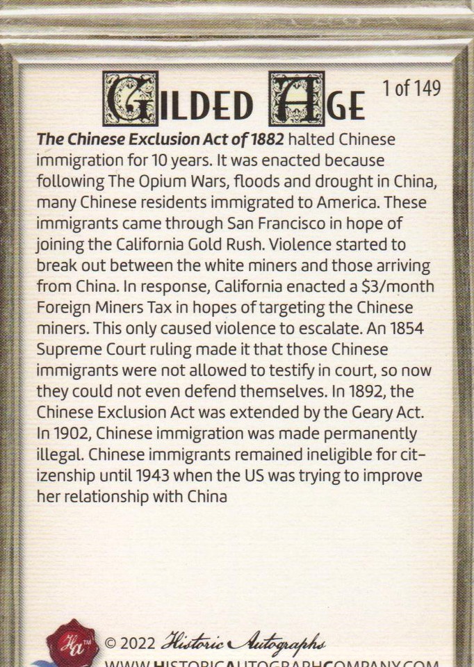 2023 Historic Autographs The Gilded Age Card Alloy #85 Chinese ...