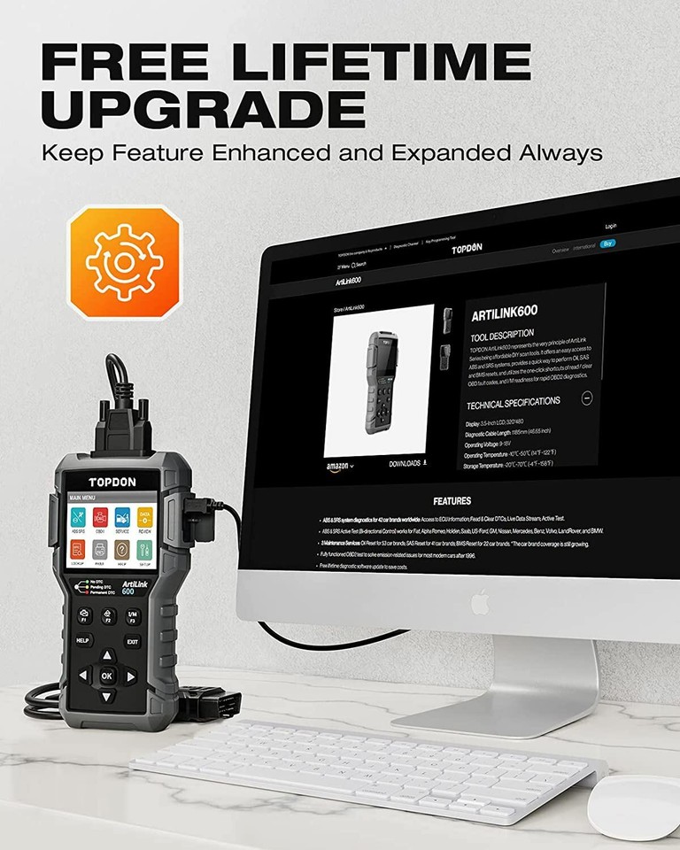 TOPDON AL600 Check Engine OBD2 Scanner ABS SRS Code Reader Diagnostic ...