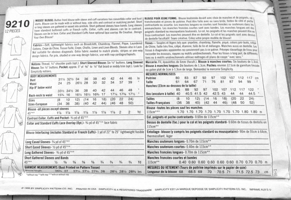 SIMPLICITY PATTERN 9210 SZ 8-12 DESIGN YOUR OWN BLOUSE SLEEVE POCKETS ...