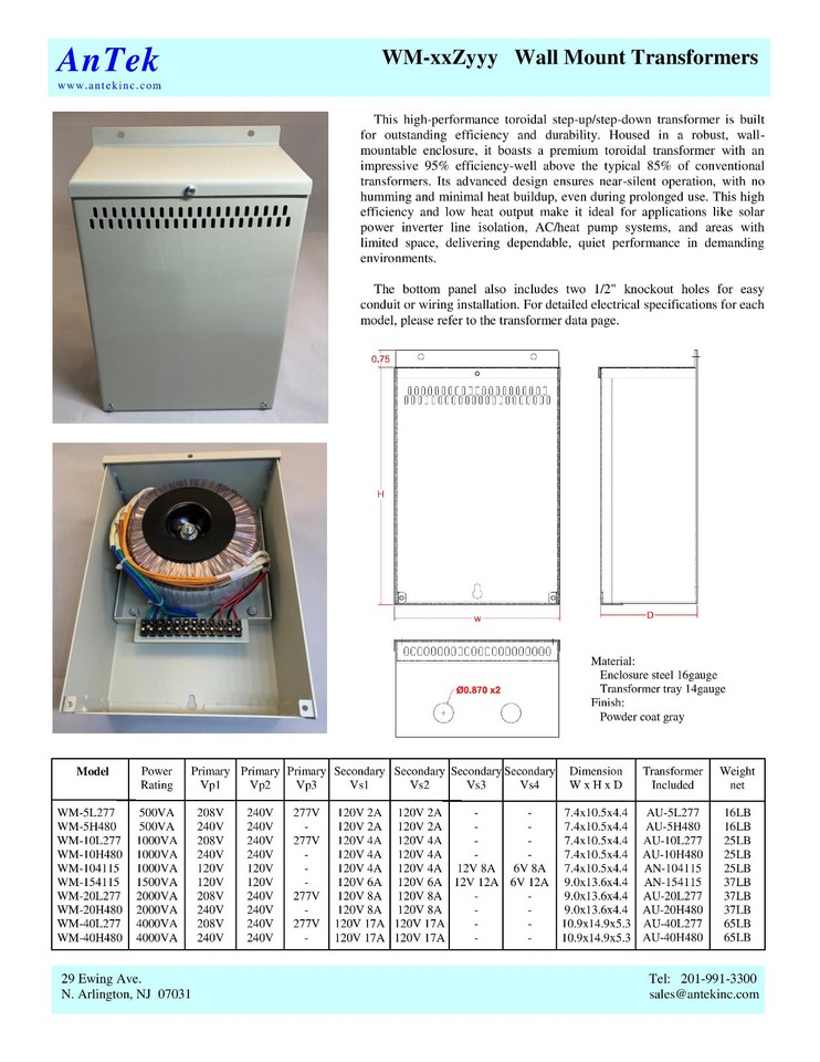WM-20H480 Wall Mount Transformer – 2kVA Insulation Type, 120/240V to ...