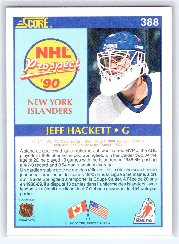 1990 Score Canadian #388 Jeff Hackett Hockey New York Islanders Rookie ...