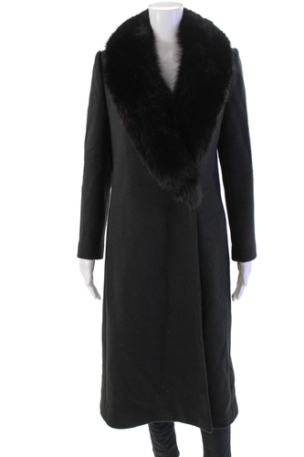 Harve Benard Womens Mink Fur Collar Double Breasted Coat Black Wool ...