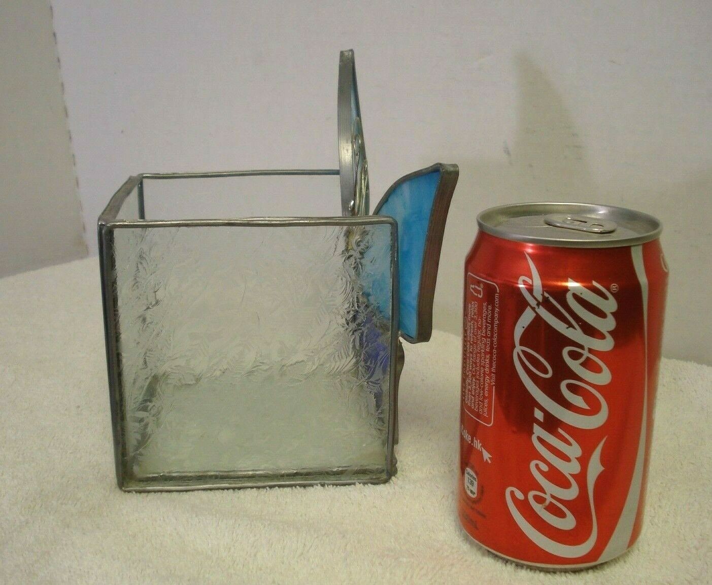 iridescent STAIN GLASS butterfly blue chip glass candle box silver tone ...