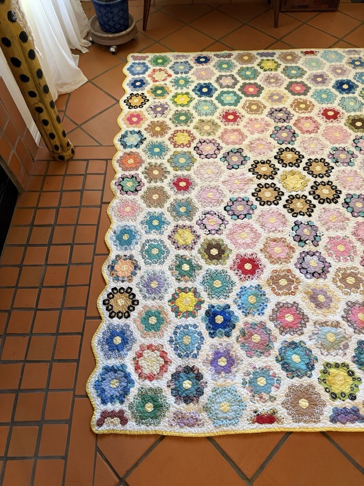 Antique Vintage Hand Made Quilt Star wedding Band Daisy Flower Folk Art ...