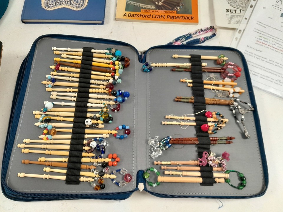 Vintage Bobbin Lace Making Kit with Pillow and Case of Bobbins - Pre ...