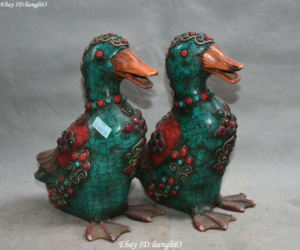 8" Old Chinese Turquoise Red Coral inlay Gem Duck Swan Bird Animal ...