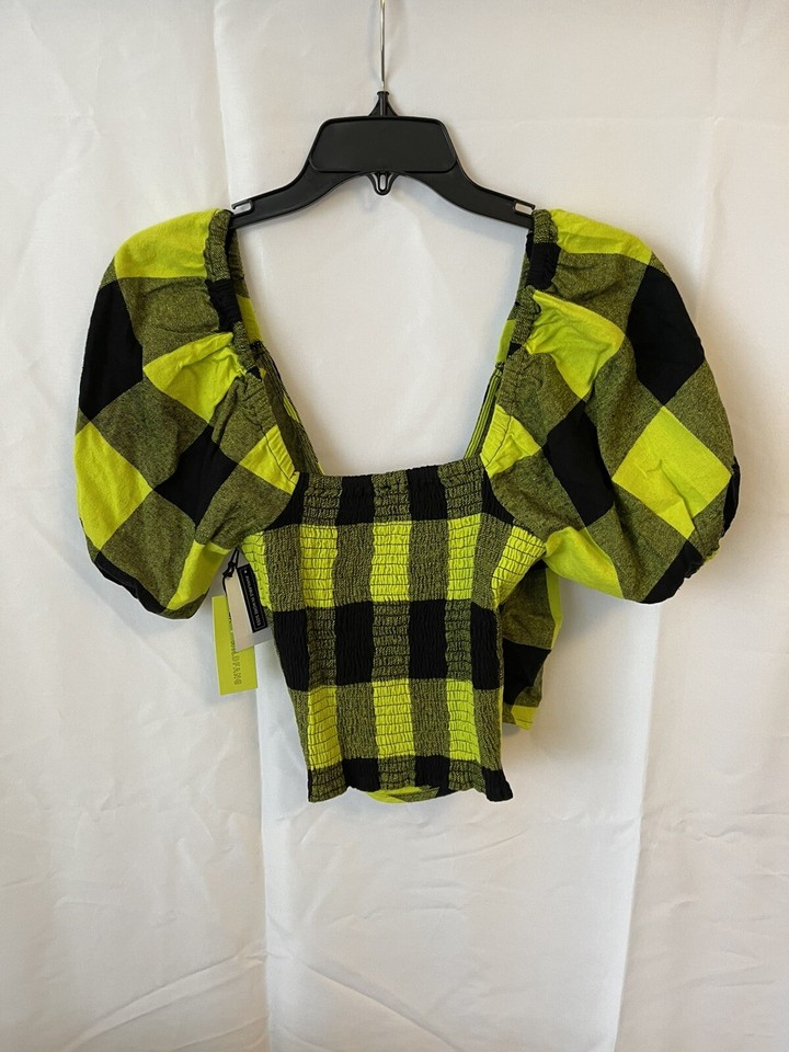 BP. + WILDFANG Smocked Back Surplice Top Green- Black Buffalo Check ...