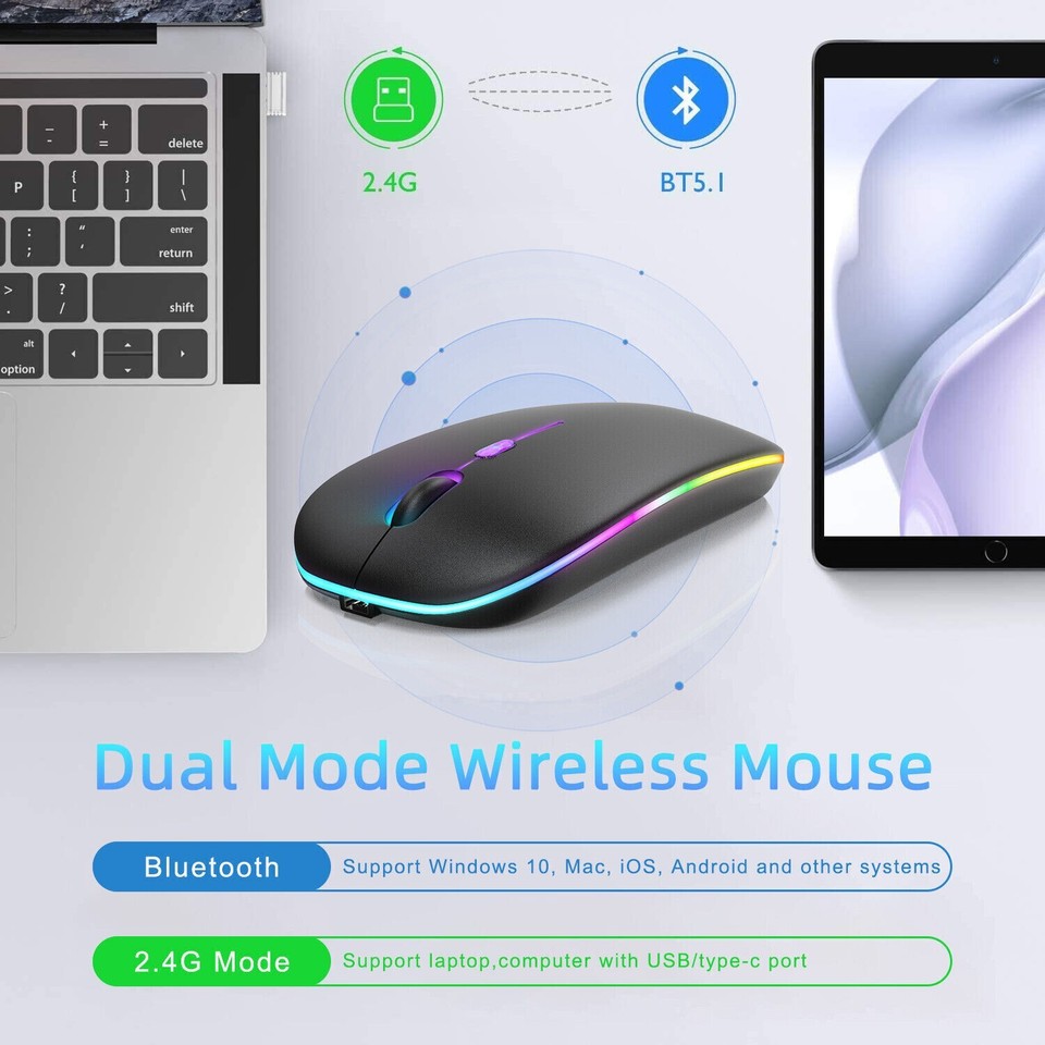 2.4GHz Bluetooth Wireless Optical Mouse USB Rechargeable RGB Mice for ...