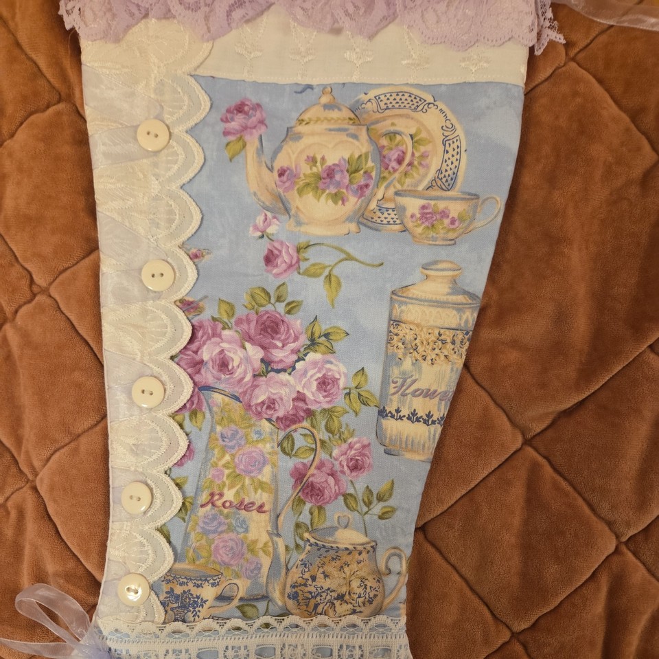 Vintage Lace, White Ribbon And Mini Pink Roses Christmas Stocking. 14.5 ...