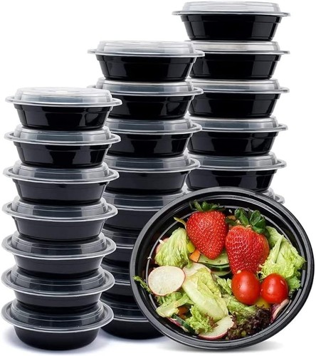 48oz Round Food Container 50 Pcs | Black PP Polypropylene Containers ...
