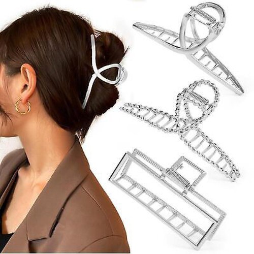 3pcs Hair Claw Clips for Women Metal Silver Large Hair Clips,Non-Slip ...