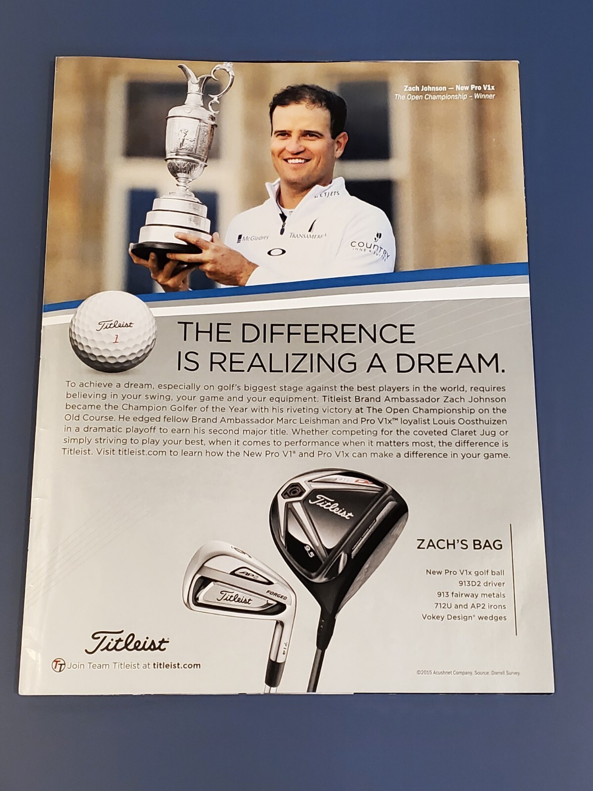 ZACH JOHNSON TITLEIST Ad 2015 8" X 11" PGA THE OPEN GOLF CHAMPIONSHIP ...