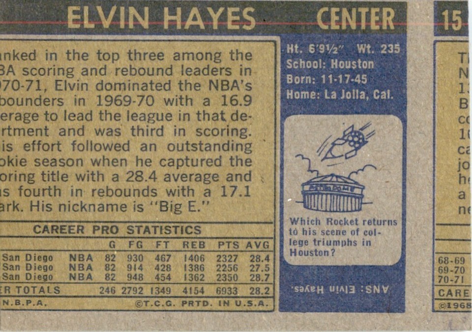 1971-72 Topps Basketball Elvin Hayes (B) Houston Rockets #120 | eBay