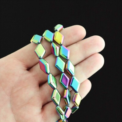 Rhombus Glass Beads 15mm - Electroplated Rainbow - 1 Strand 43 Beads ...