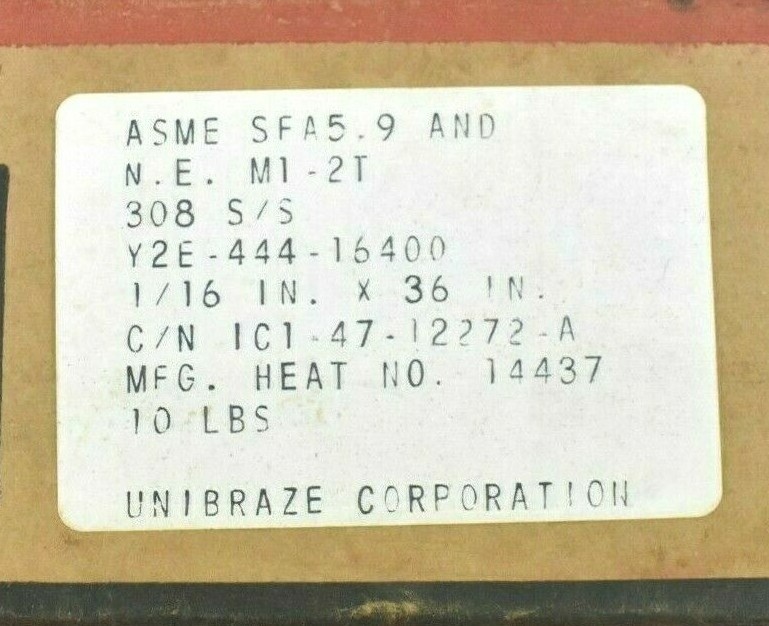 Unibraze 308 Stainless Welding & Brazing Alloys 1/16" X 36" Long 10 lbs ...