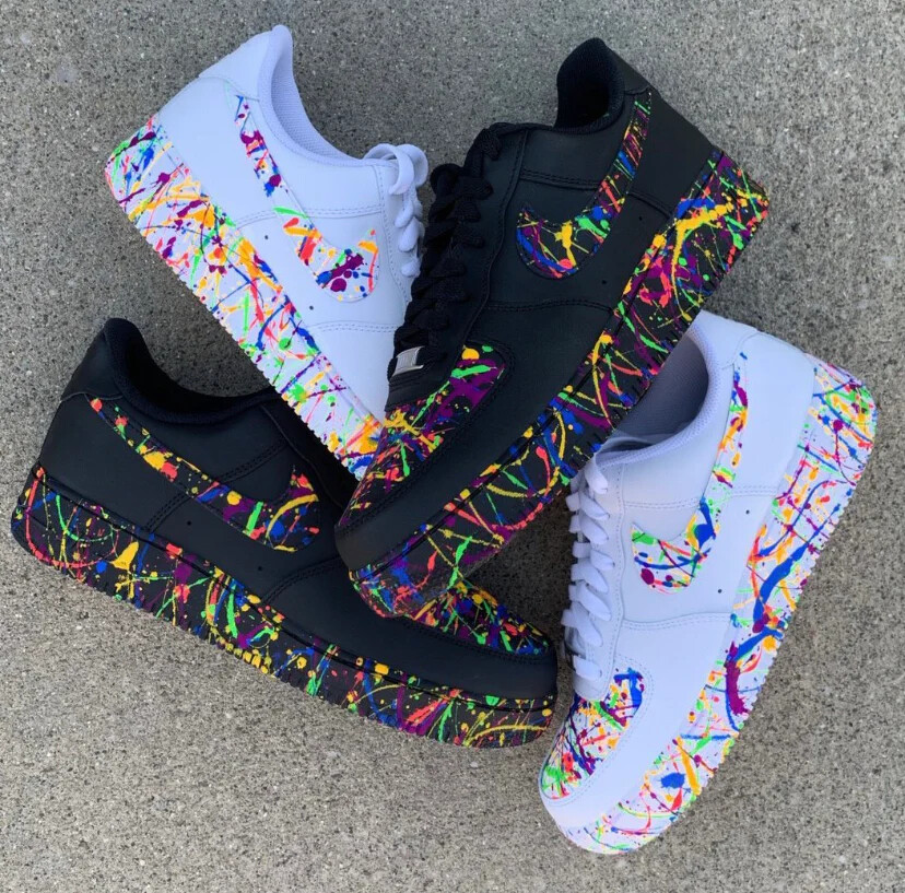 Air Force 1 Custom Black Shoes Rainbow Multicolor Neon Splatter Mens ...