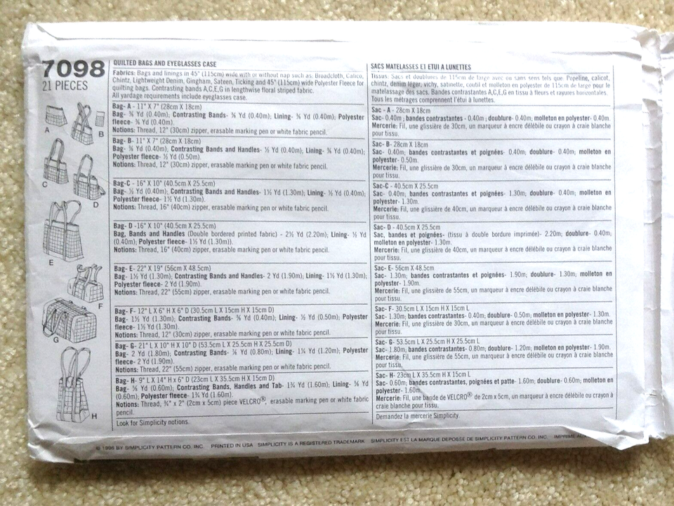 SIMPLICITY PATTERN #7098 - QUILTED BAGS, TOTES & EYEGLASS CASE UNCUT/FF ...