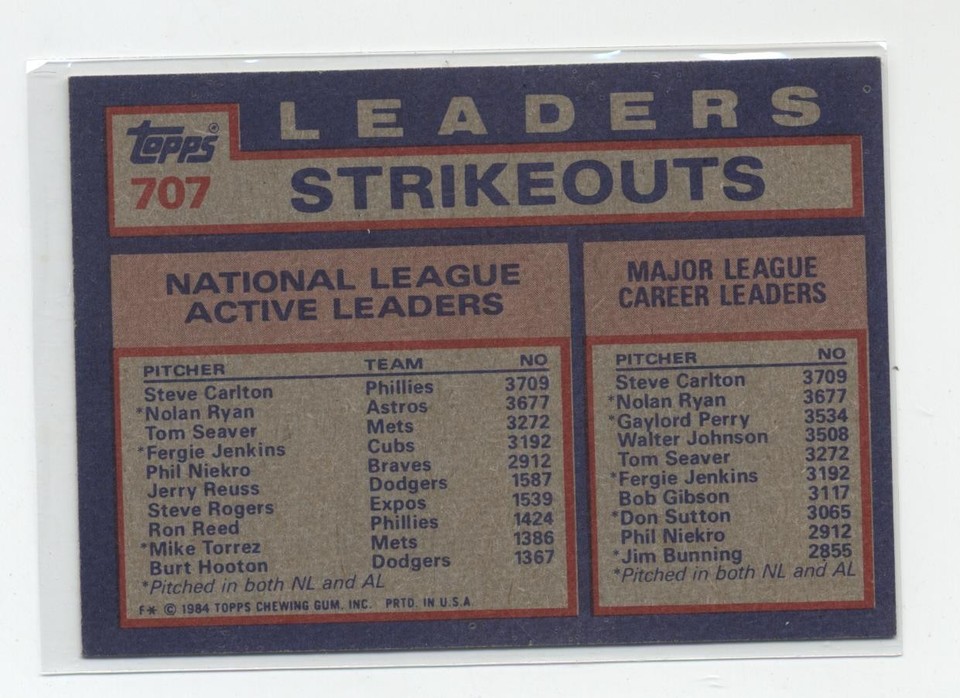 1984 Topps #707 Nolan Ryan, Tom Seaver, Steve Carlton NL Strikeout ...