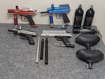 Paintball Lot of 4 Guns, 3 Empty CO² Canisters, 3 Barrel Extensions & 2 ...