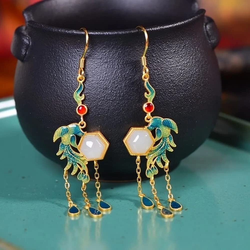 Vintage Chinese Natural White Jade Enamel Phoenix Earrings Female ...