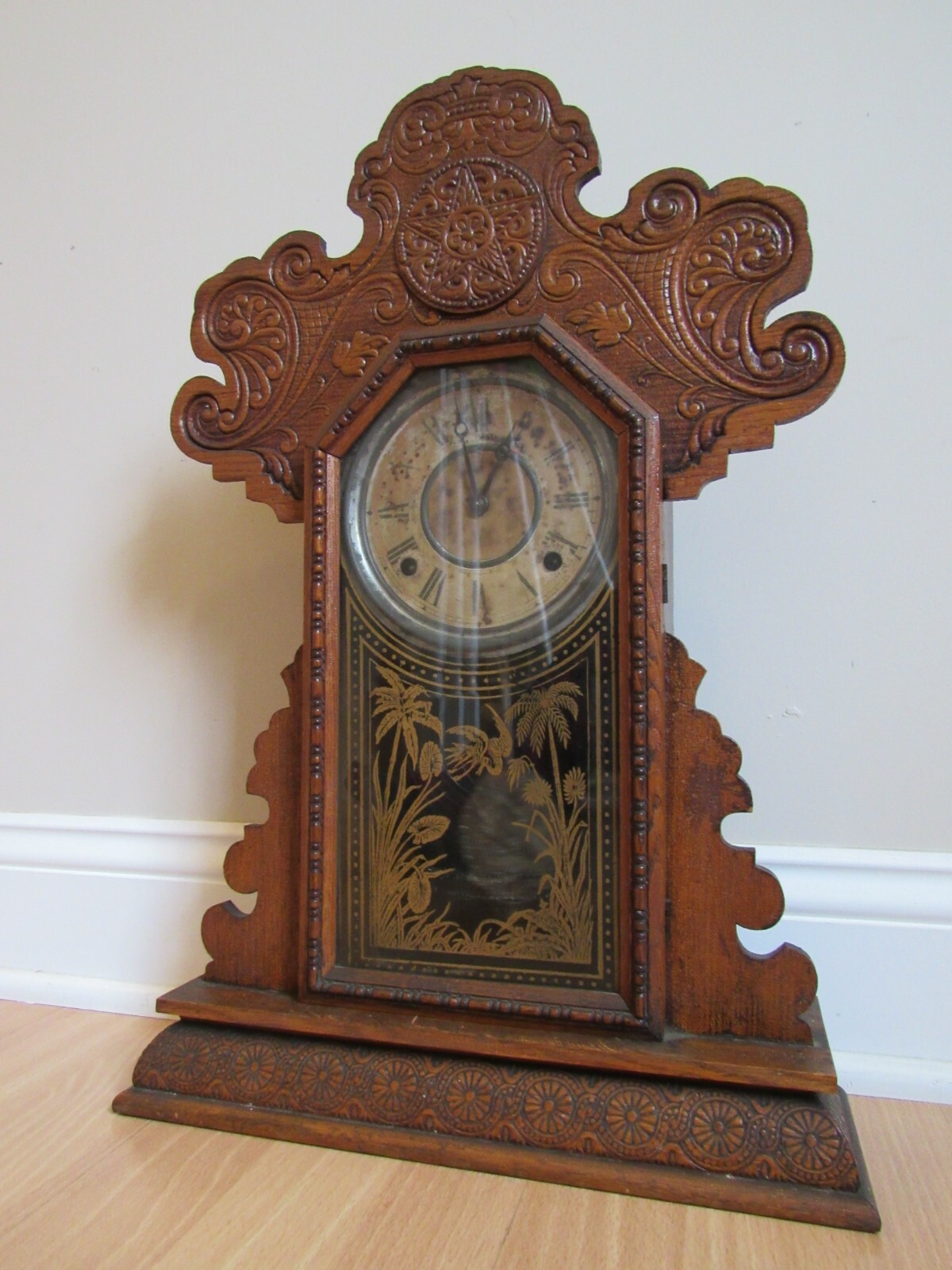 RARE antique gingerbread clock E INGRAHAM mantel kitchen REVERSE PAINT ...
