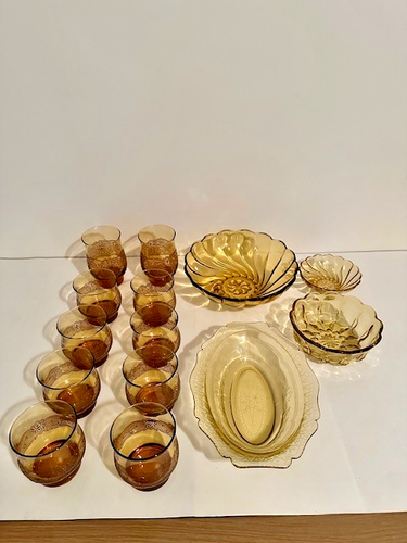 VINTAGE AMBER GLASS ASSORTMENT OF GLASSES AND BOWLS-LOT OF 14 | eBay