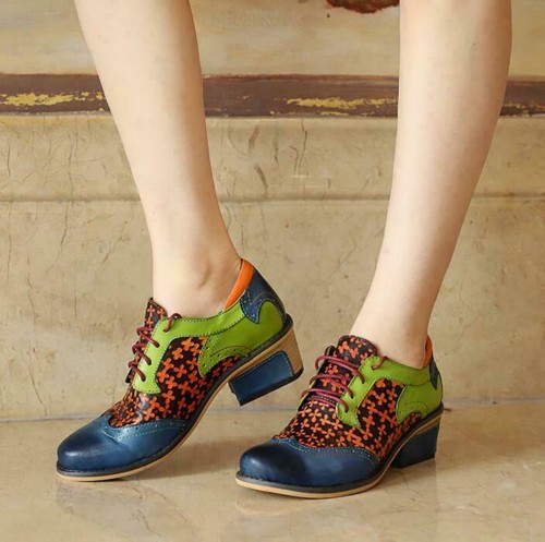 Womens Fashion Vintage Round Toe Lace Up Oxford Shoes Collegiate Block ...